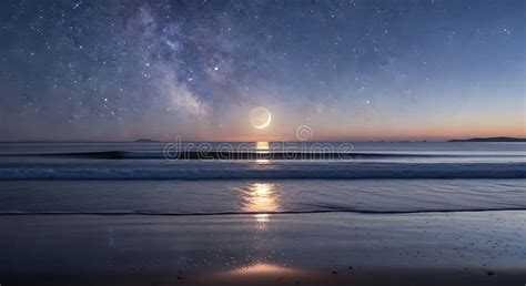 Crescent Moon And Milky Way Illuminate The Ocean Waves Reflecting On A
