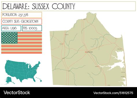 Map Of Sussex County In Delaware Usa Royalty Free Vector