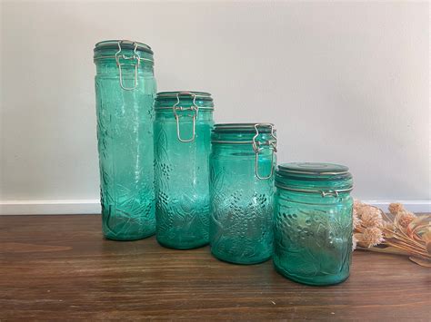 Vintage Teal Green Canister Set Of 4 Coffee Flour Tea Sugar Kitchen
