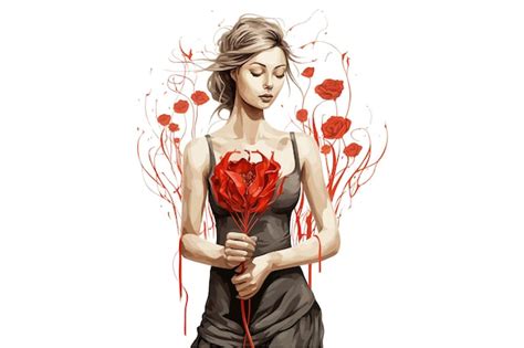 Premium Vector Enamoured Woman Holding Red Heart Flower On Stem