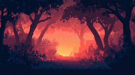 Pixel Art Forest Sunset With Fireflies Stock Illustration