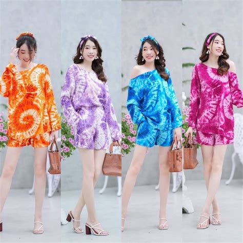 Dee Ya Shop เสื้อผ้าผู้หญิง ชุด Set 3 ชิ้น ชุดมัดย้อม ใส่สงกรานต์ ลายดอก สีส้ม ม่วง ฟ้า ชมพู