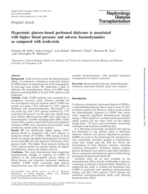Pdf Hypertonic Glucose Based Peritoneal Dialysate Is Associated With