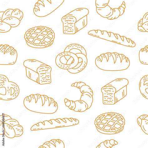 Bread Bakery Seamless Pattern Background Vector Line Illustration