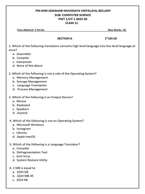 Ip Class 11 Pwt 1 25 26 Bellary Cs Pdf