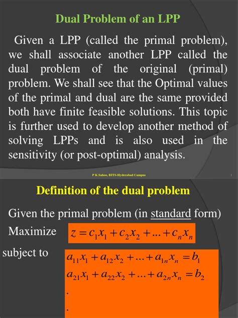 Dual Problem Of An Lpp P K Sahoo Bits Hyderabad Campus Pdf