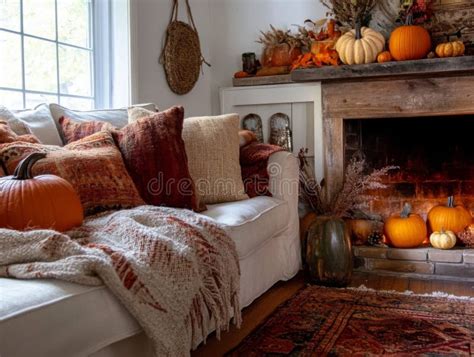Cozy Autumn Living Room With Fireplace And Pumpkins Stock Illustration