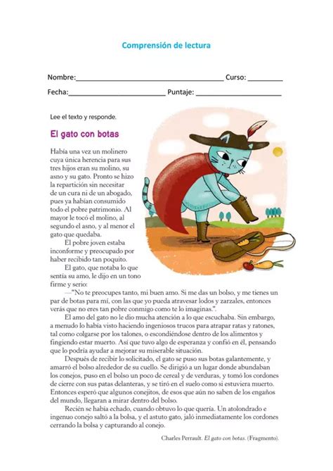 Comprensión De Lectura El Gato Con Botas Profe Social