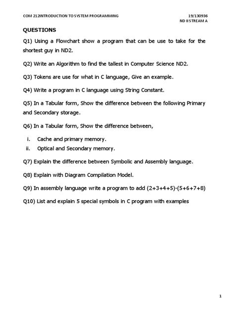 Questions Com 212introduction To System Programming 19130936 Nd Ii Stream A Pdf Computer