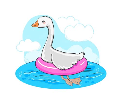 Dibujado A Mano Lindo Ganso Y Anillo De Natación Vector Premium