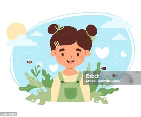 귀여운 웃는 소녀 자연과 생태 환경이 아동의 정신 건강에 미치는 유익한 효과에 대한 개념 벡터 일러스트 레이 션 Mental Wellbeing에 대한 스톡 벡터 아트 및