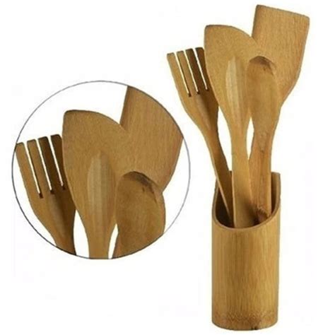 Kit Colher De Pau Conjunto Utensílios Bambu 5 Peças Casa Cozinha 4
