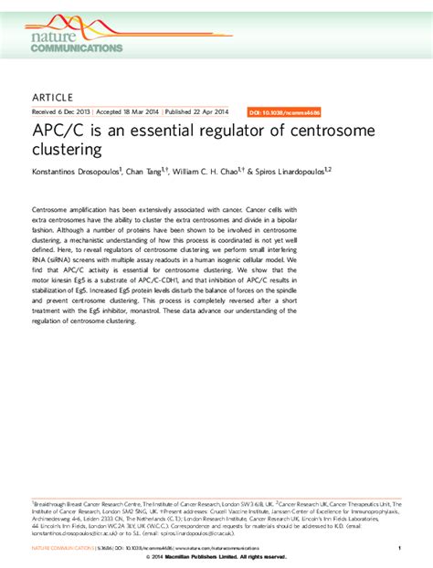 Pdf Apc C Is An Essential Regulator Of Centrosome Clustering