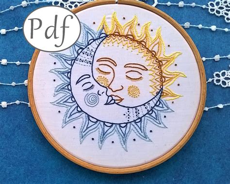 Hand Embroidery Pattern Pdf Sun And Moon Design Beginner Etsy