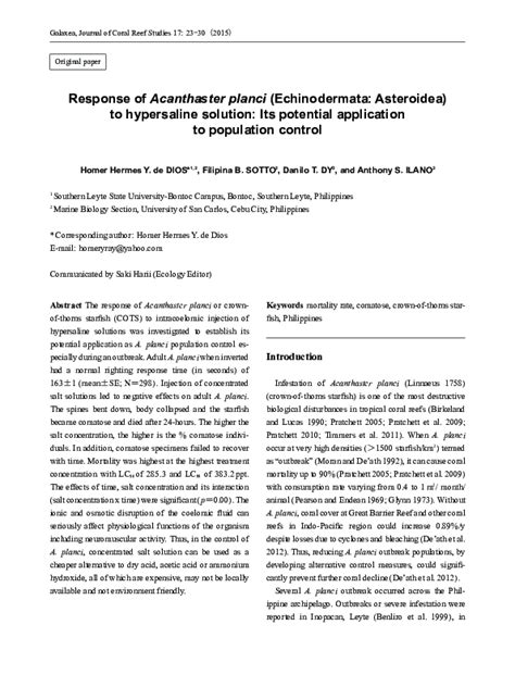 Pdf Response Of Acanthaster Planci Echinodermata Asteroidea To