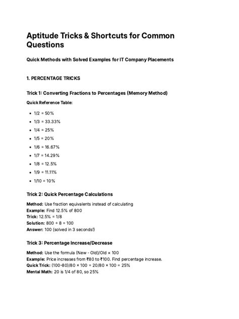 Aptitude Tricks Examples Pdf Speed Percentage