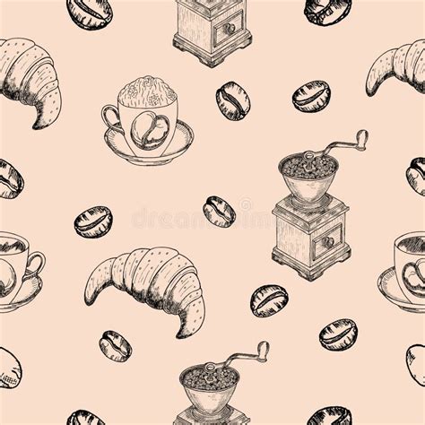 Seamless Coffee Pattern Hand Drawn For Textiles Manufacturing