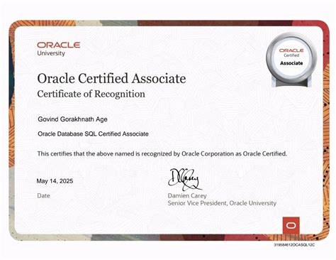 Oraclesql Certification Datamanagement Sql Database Govind Age