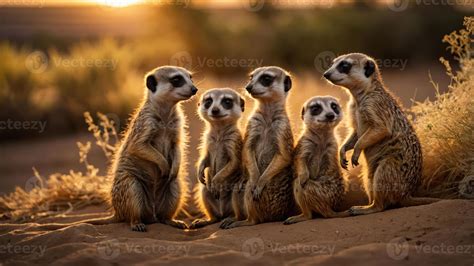 Five Meerkats Standing Together In A Desert Landscape During A Golden