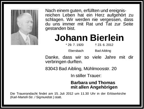 Traueranzeigen Von Johann Bierlein Trauer Nn De