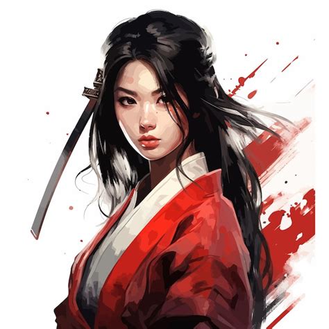 Una Hermosa Chica Japonesa Con Una Katana Vector Premium