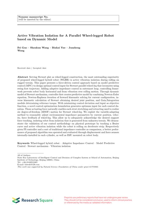Pdf Active Vibration Isolation For A Parallel Wheel Legged Robot Based On Dynamic Model