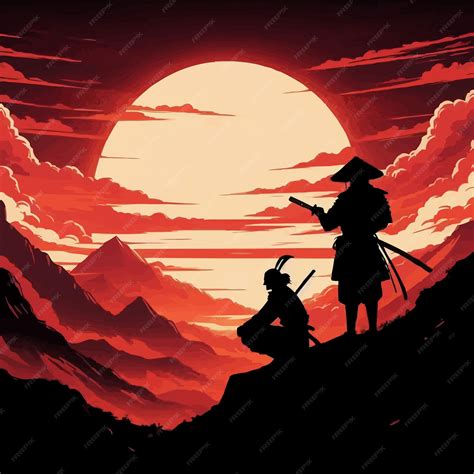 Premium Vector Vector Sunset Samurai Silhouette Background