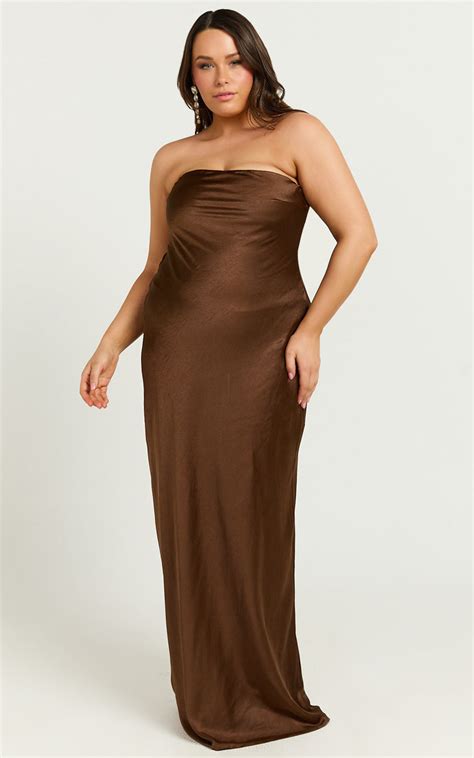Charlita Maxi Dress Strapless Cowl Back Satin Dress In Chocolate