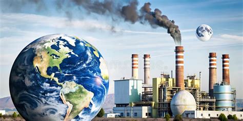 Planeta Tierra Frente A La Fábrica Con Humo De La Chimenea Y La Luna