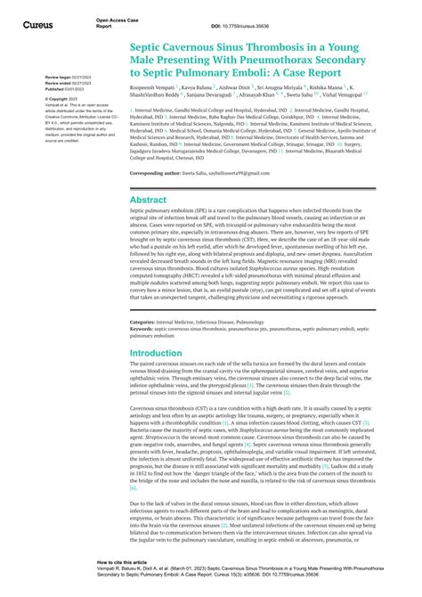 Pdf Septic Cavernous Sinus Thrombosis In A Young Male Presenting With Pneumothorax Secondary