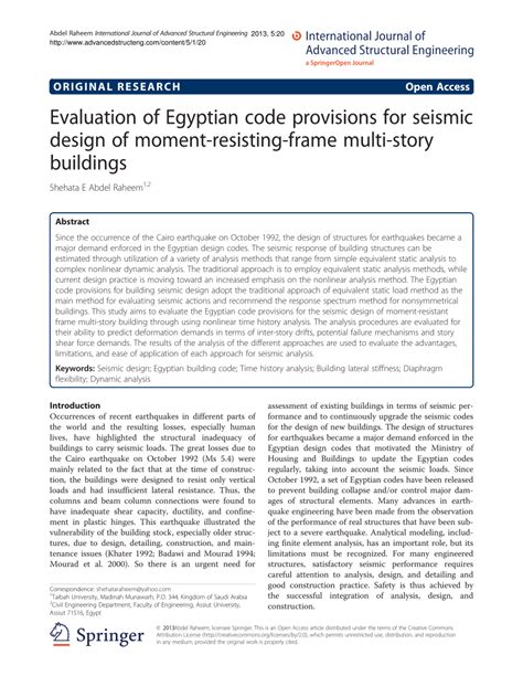 Pdf Evaluation Of Egyptian Code Provisions For Seismic Design Of