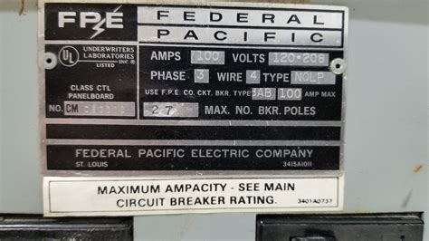 Federal Pacific Nqlp Panel With Breakers 100 Amp 208y 120 Volt 3 Phase