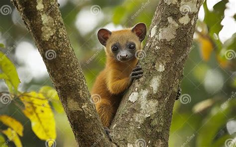A Curious Kinkajou With Large Eyes And Golden Fur Perched In A Tree