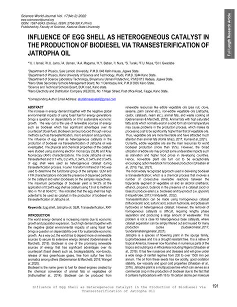 Pdf Influence Of Egg Shell As Heterogeneous Catalyst In The Production Of Biodiesel Via