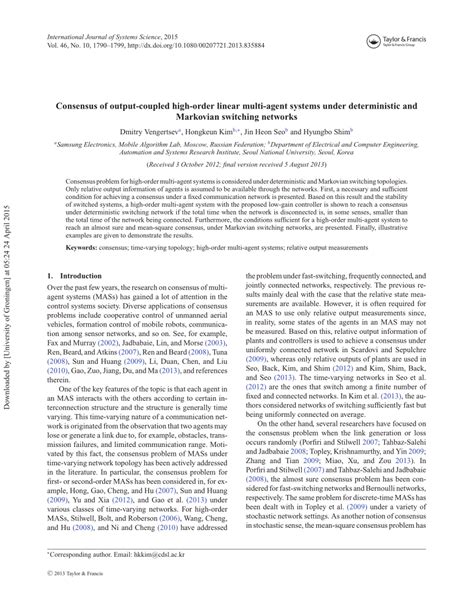 Pdf Consensus Of Output Coupled High Order Linear Multi Agent Systems Under Deterministic And