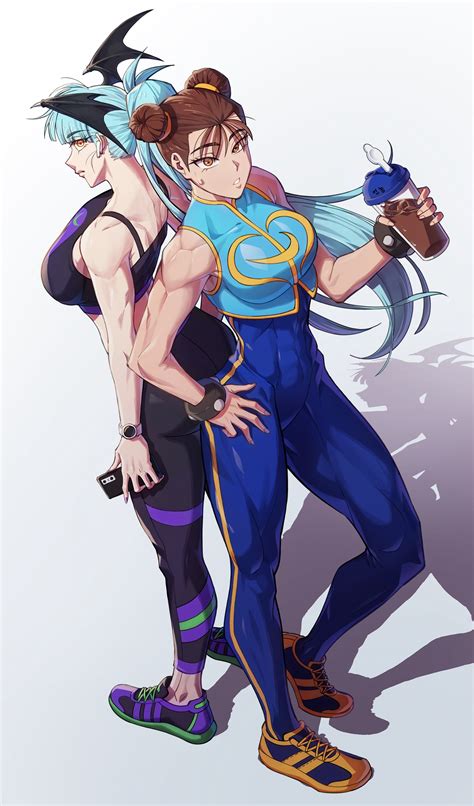 chun li and morrigan aensland street fighter and 3 more drawn by