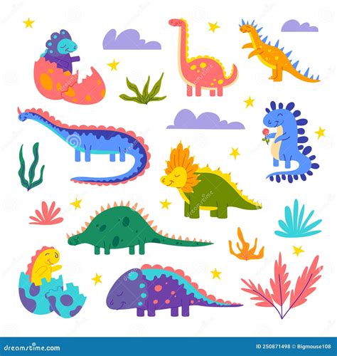 Cartoon Color Characters Cute Dinosaurus Icons Set Vector 250871498