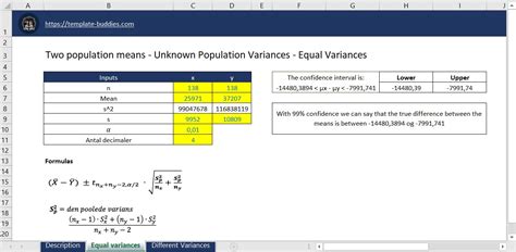 Confidence Interval Two Population Means Unknown Population Variances Template Buddies