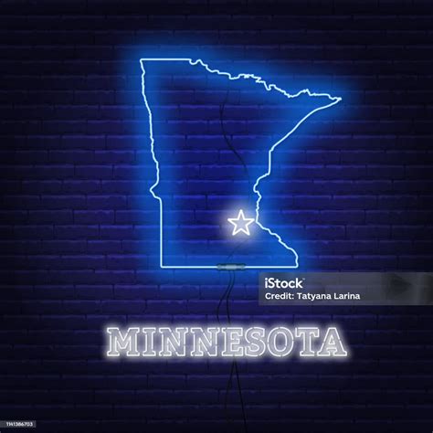 Neon Map State Of Minnesota On A Brick Wall Background Stock