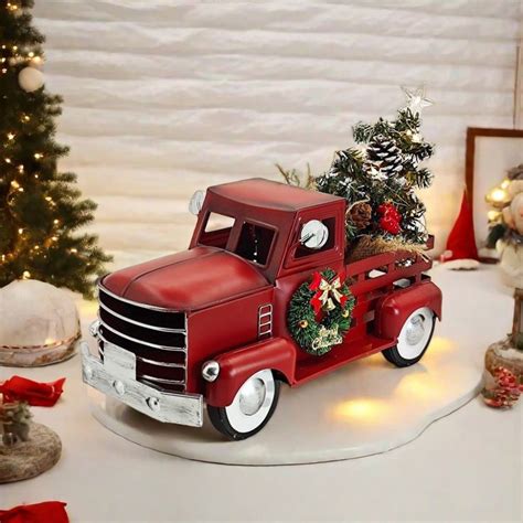 Vintage Christmas Red Truck Decoration Warm White Twinkling Lights