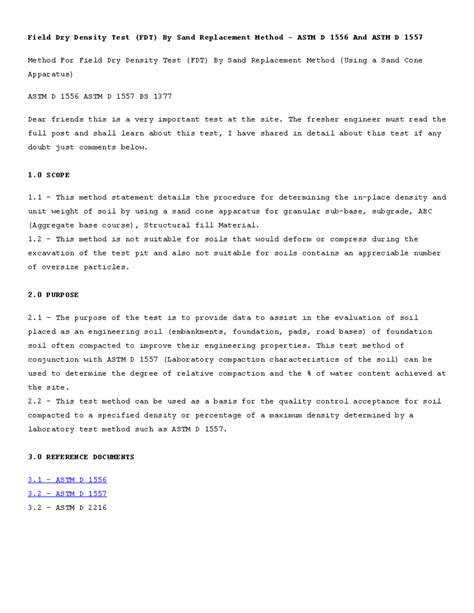Field Dry Density Test Fdt By Sand Replacement Method Astm D1556