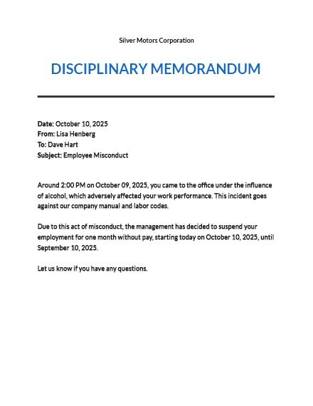 Free Sample Employee Disciplinary Memo Template Word