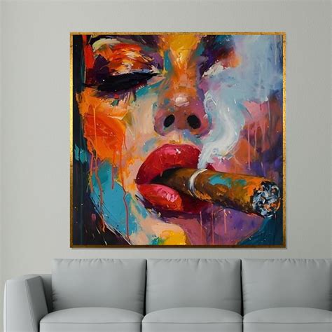 Colorful Woman Smoking Cigar Canvas Abstract Face Art Multicolor