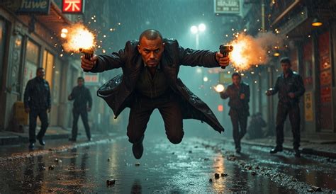 A High Intensity Action Sequence In A Dark Rain Soaked Alley At Night