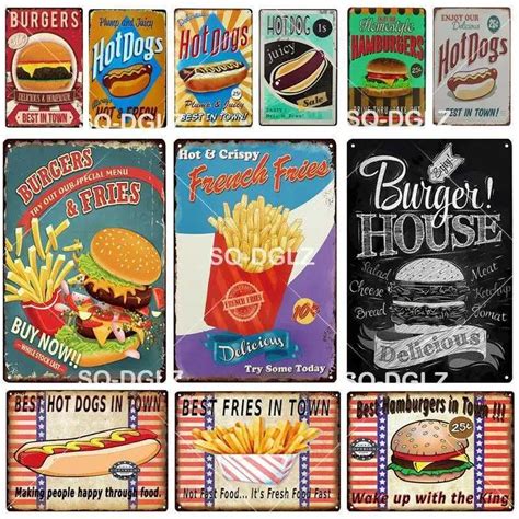 Vintage Burgers And Fries Metal Sign Retro Wall Decor Ideal For Home