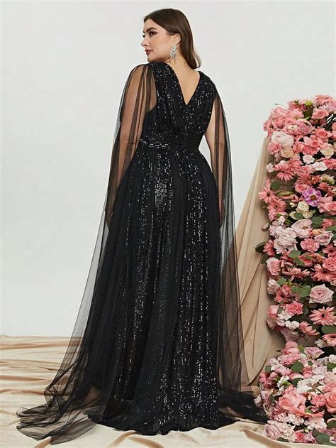 Plus Deep V Neck Sequin A Line Cape Dress Curvepretty