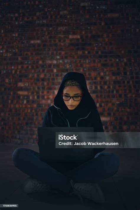 Hacker Woman In Basement And Laptop Information Technology For Coding