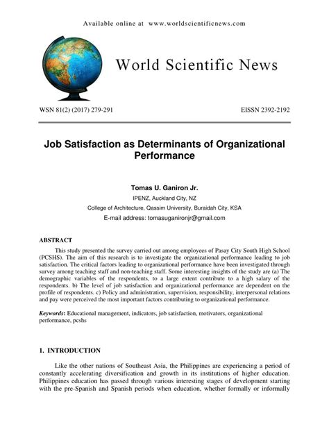 Pdf Job Satisfaction As Determinants Of Organizational Performance