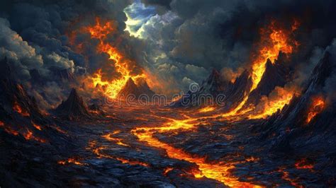 Apocalyptic Volcanic Landscape With Volcano Explosion Hot Lava Clouds