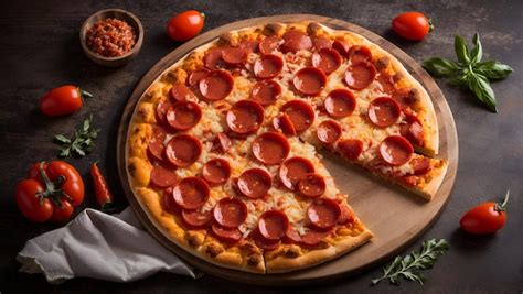 Premium Ai Image A Classic Pepperoni Pizza With A Thick Chewy Crust And A Generous Topping Of